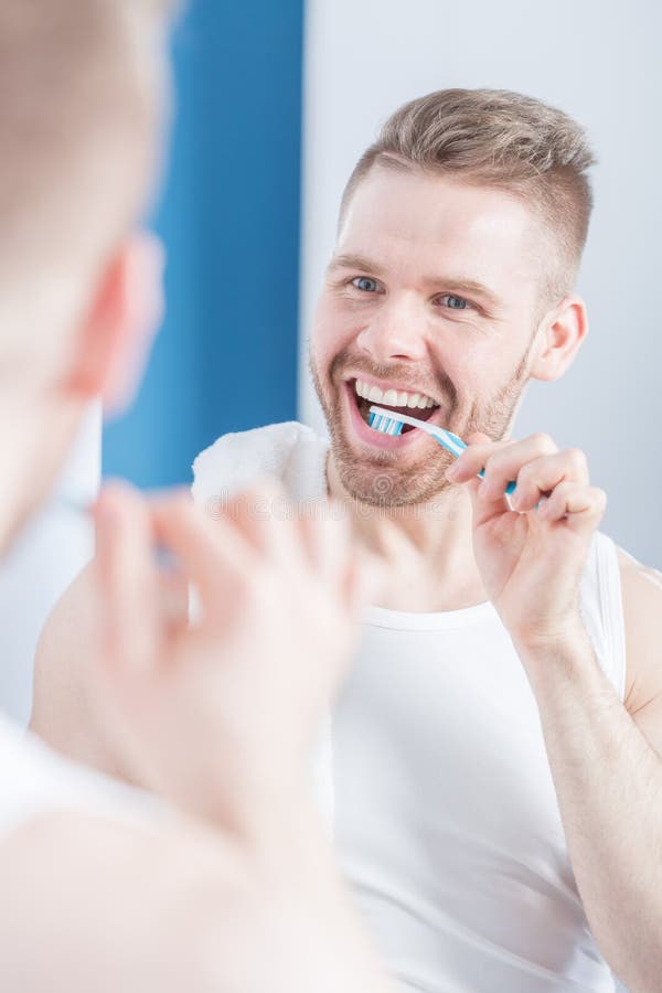 Unshaved Man Brushing His Teeth Stock Image - Image of mirror, face ...