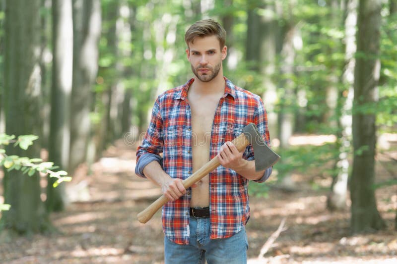 Unshaven Man Lumberjack Style Standing Axe Forest Background Stock ...
