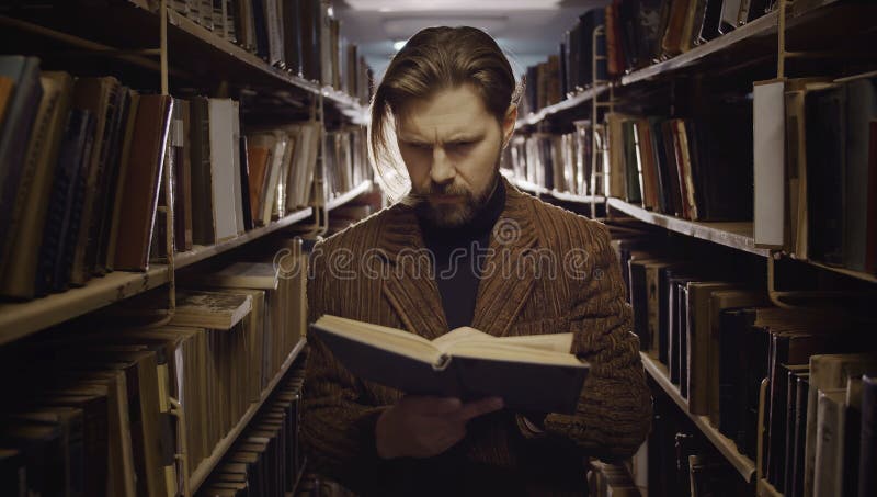 Male Reading Book in Library Stock Image - Image of consumed, light ...
