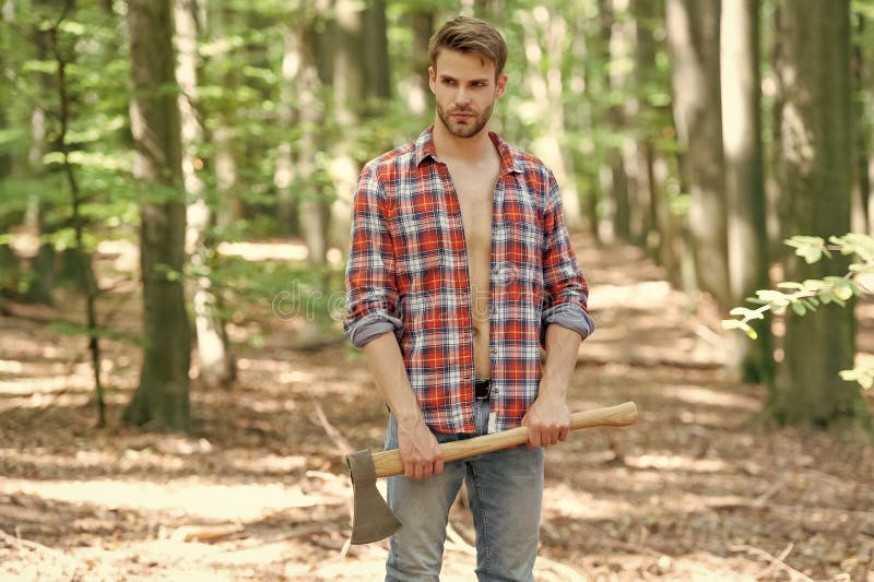 Unshaven Man Lumberjack Style Standing Axe Forest Background Stock ...