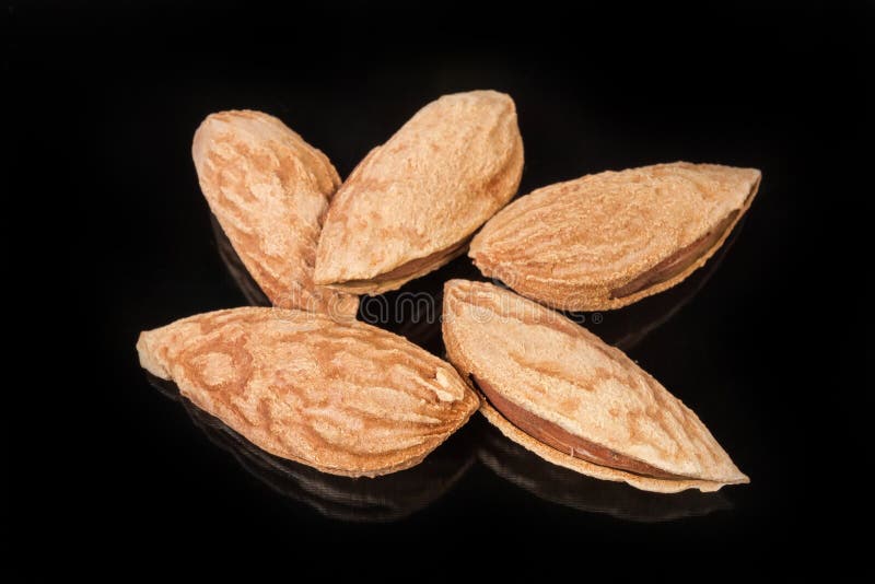 Unshelled Almonds Close-up on a Dark Reflective Surface Stock Image ...