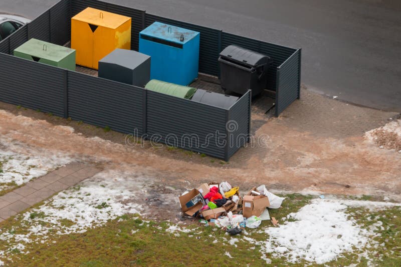 An Unsorted Pile of Garbage Near Trash Containers. Europe Stock Photo ...