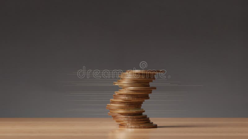 Unstable Stack: a Tower of Gold Coins Wobbles on a Wooden Surface ...
