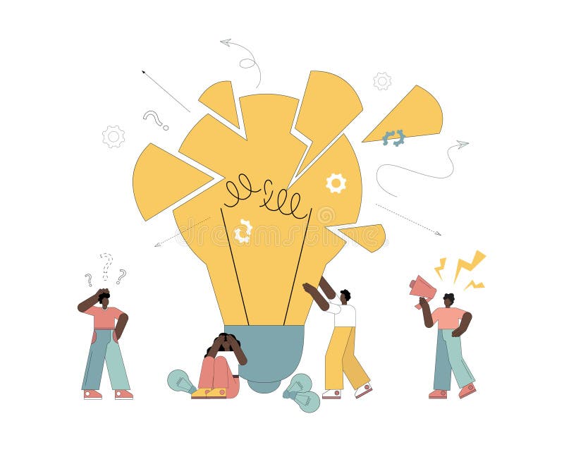 Unsuccessful Project. People Look in Despair at a Broken Light Bulb ...