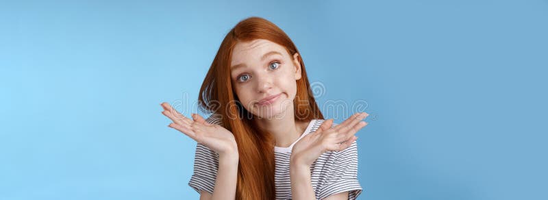 Unsure Clueless Cute Silly Redhead Female Part Time Worker Shrugging Careless Raise Hands
