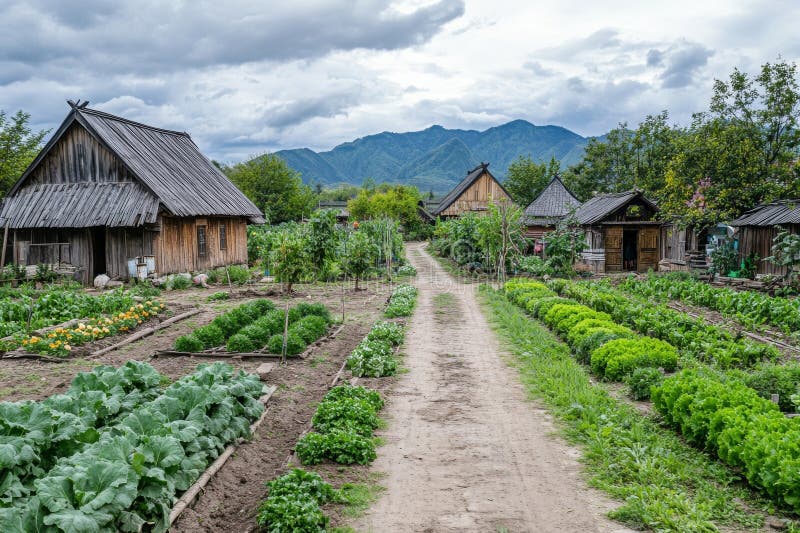 An Untamed Trail, Charming Rural Homes, and Emerald Fields Stock Image ...