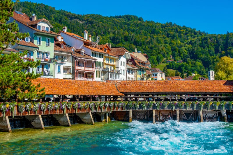 Untere Schleuse Covered Bridge in Swiss Town Thun Stock Photo - Image ...