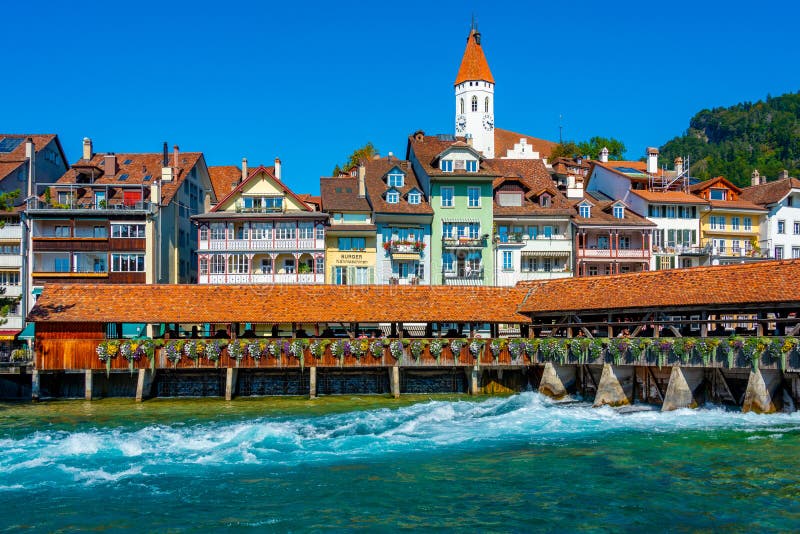 Untere Schleuse Covered Bridge in Swiss Town Thun Stock Photo - Image ...