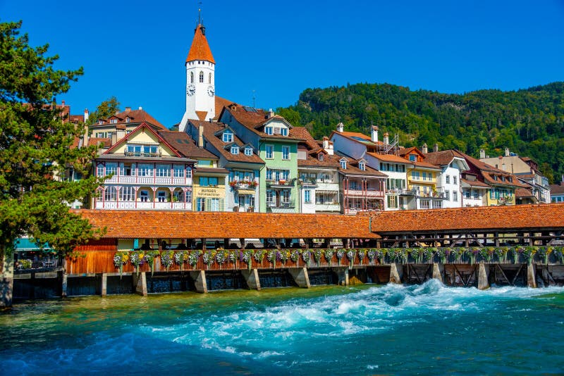 Untere Schleuse Covered Bridge in Swiss Town Thun Stock Photo - Image ...