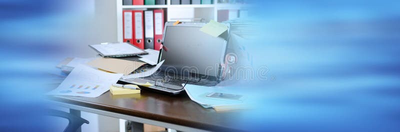 Untidy and cluttered desk stock image. Image of clutter - 56856759