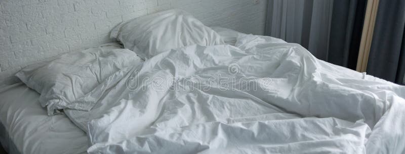 Untidy Crumpled Bed with White Bedclothes. Stock Image - Image of lazy ...