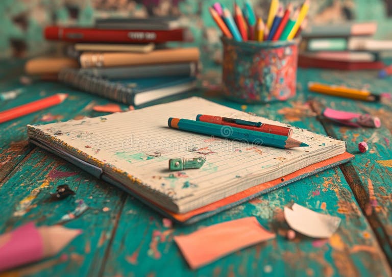 An Untidy Desk Featuring an Open Textbook, Scattered Pencils, and ...