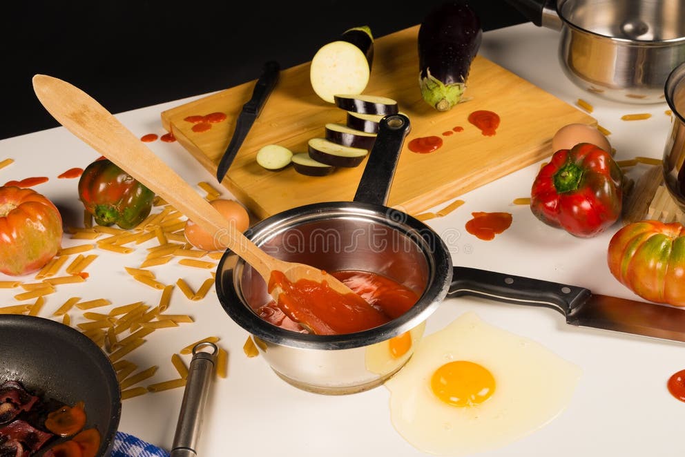 Untidy kitchen table stock photo. Image of ingredients - 31496448