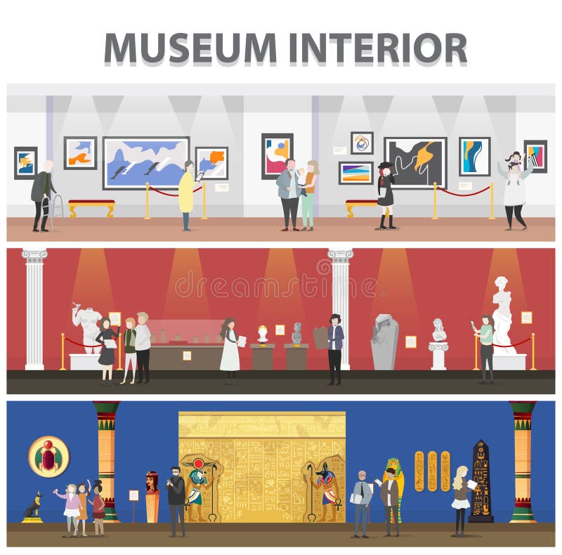 Cute Cartoon Visitors and Guide Characters in Art Museum. Stock Vector ...