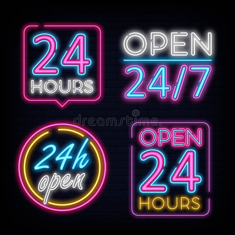 Set Open 24 Hours Neon Signs Vector Stock Vector - Illustration of ...