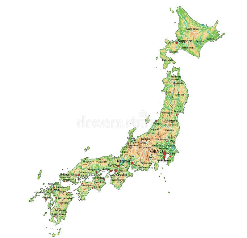 High Detailed Japan Physical Map. Stock Vector - Illustration of ...