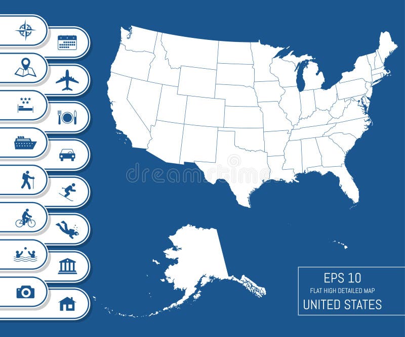 Flat High Detailed United States Map. Divided into Editable Contours of ...