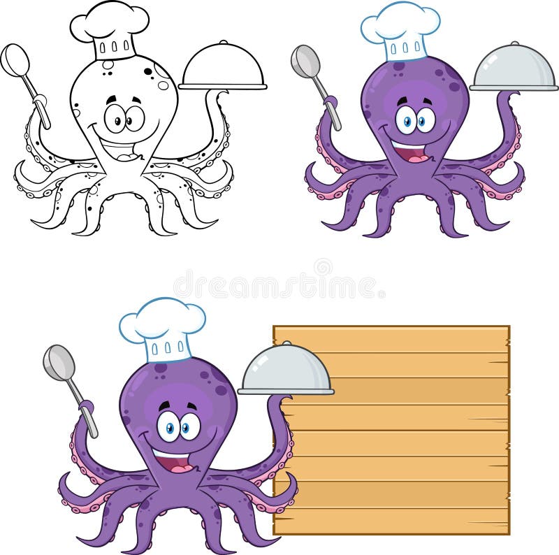 Octopus Chef Cartoon Character Serving Food. Set Vector Collection ...