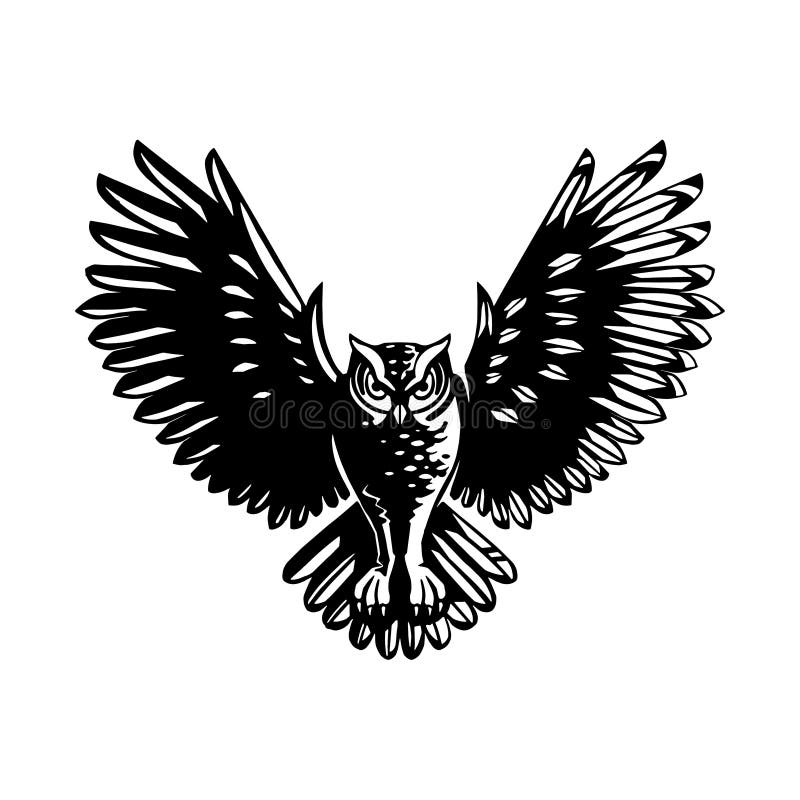 Vector Illustration of Flying Owl in Black and White Detail Stock ...