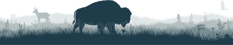 Panorama of the Prarie with Pronghorn, Kite, Prairie Dog and Brown Zubr ...