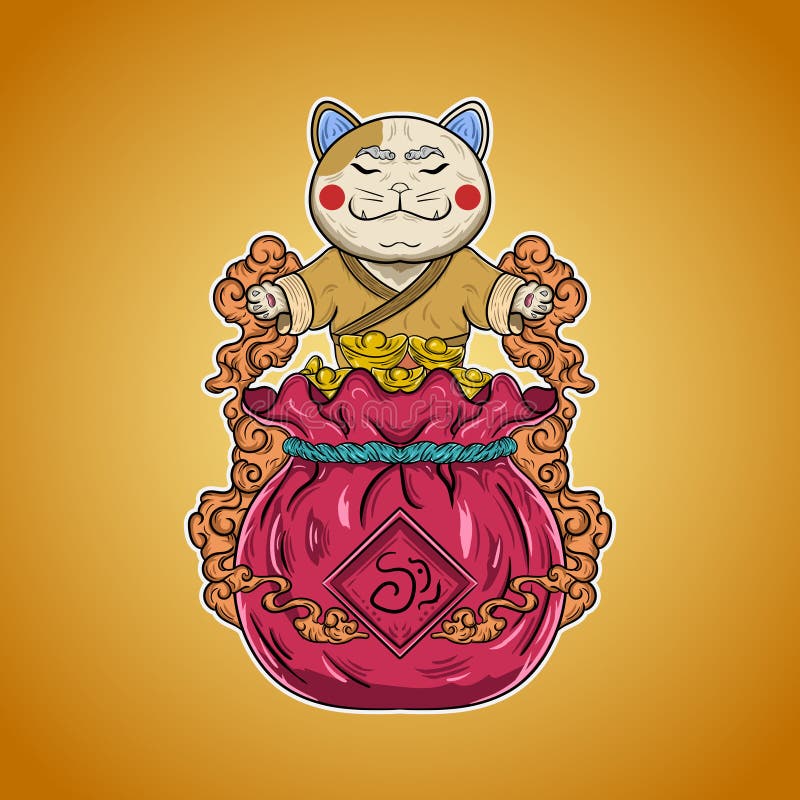 Chinese Cute Money Gold Treasure Cat Vector Illustration Artwork Stock ...