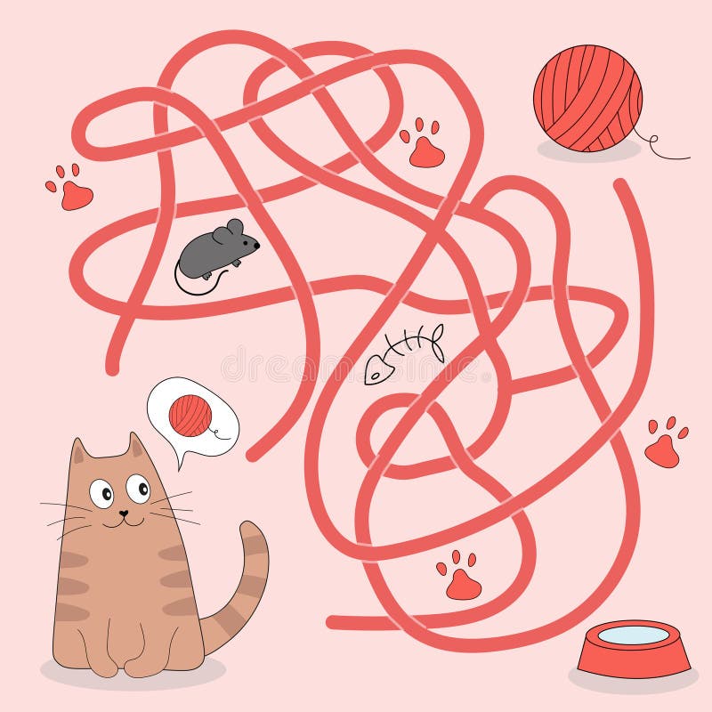 Help Cute Cat Find Path To Ball of Thread. Labyrinth. Maze Game for ...