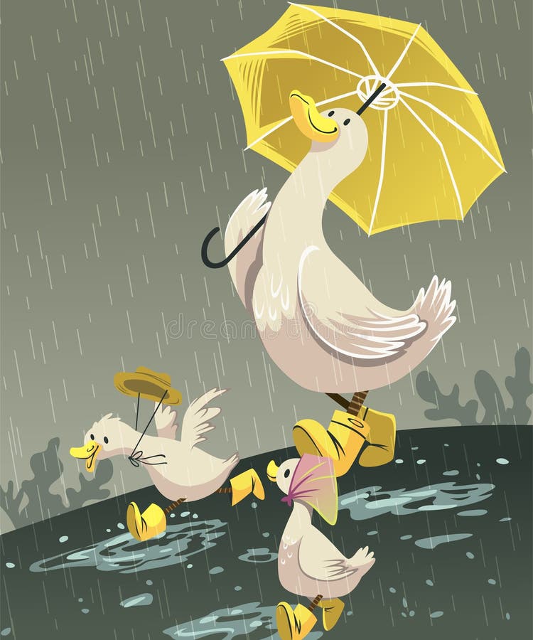 Illustration of Mother Duck Accompanying Ducklings To Play in the Rain ...