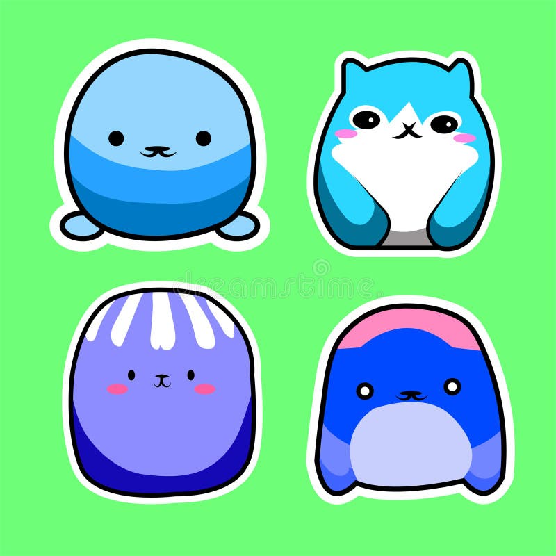 Cute Blue Adorable Chubby Animals Cartoon Sticker Set of 4 for Children ...