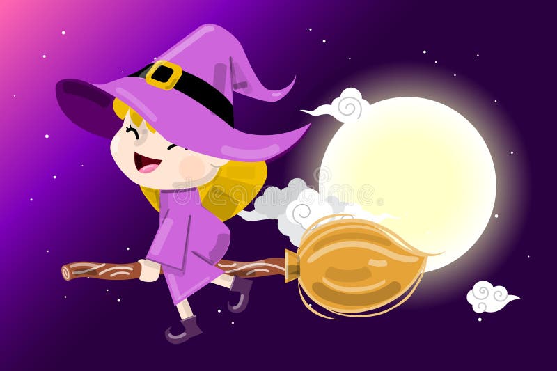 Cute Cartoon Witch Flying on Broomstick Against Full Moon Light, Wizard ...