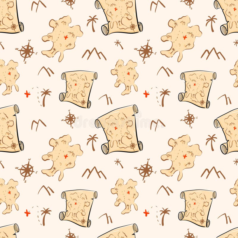 Pirate Map Drawing on Papyrus Seamless Pattern. Stock Illustration ...