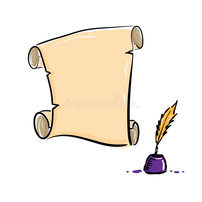 Blank Open Old Scroll. Vintage Feather Quill Pen with Container. Stock ...