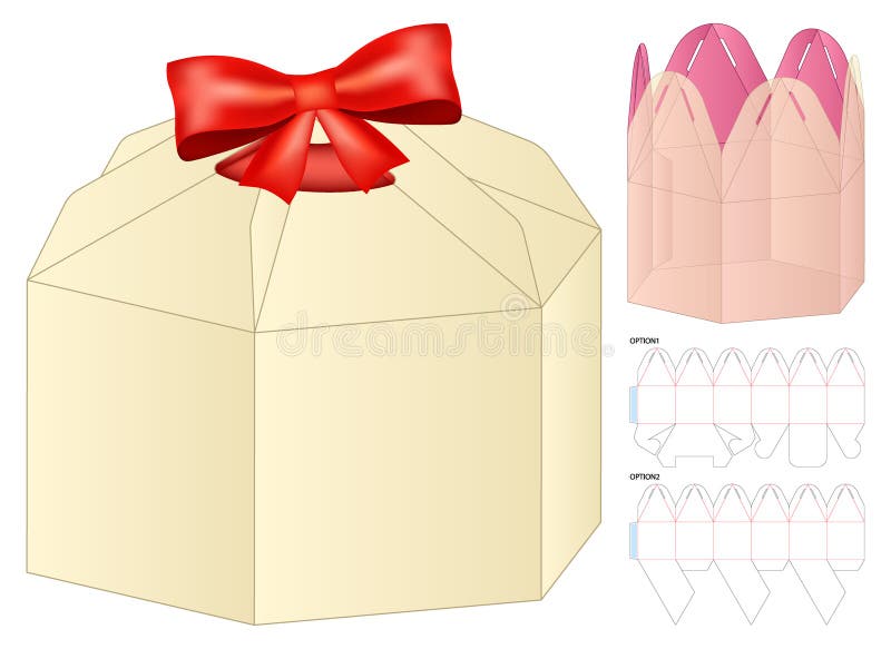 Hexagonal Gift Box Red Bow Dieline Template Stock Vector - Illustration ...