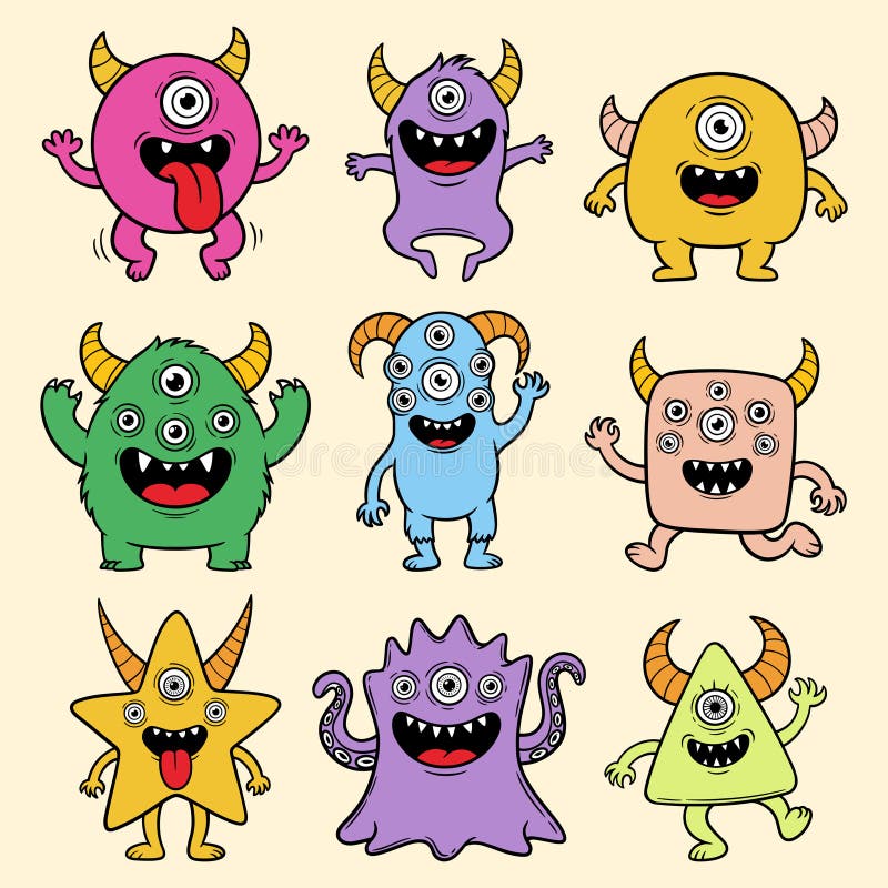 Cute Cartoon Monster Characters Collection Stock Vector - Illustration ...