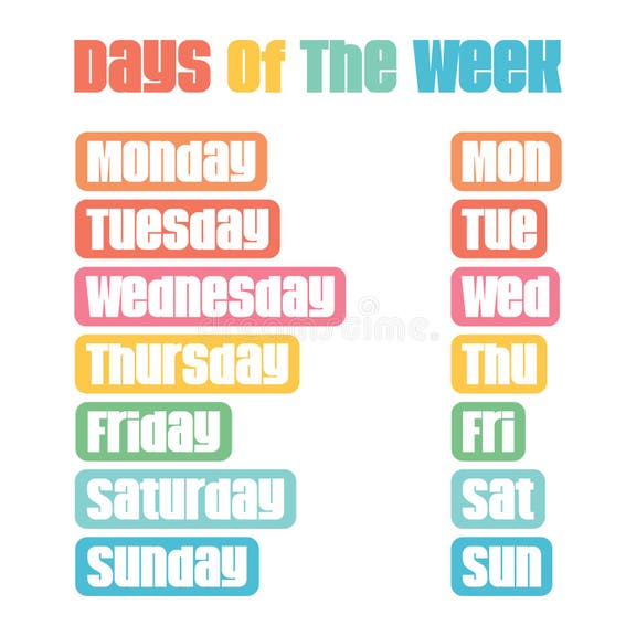 Days of the Week Typography Colorful Block Font Stock Vector ...