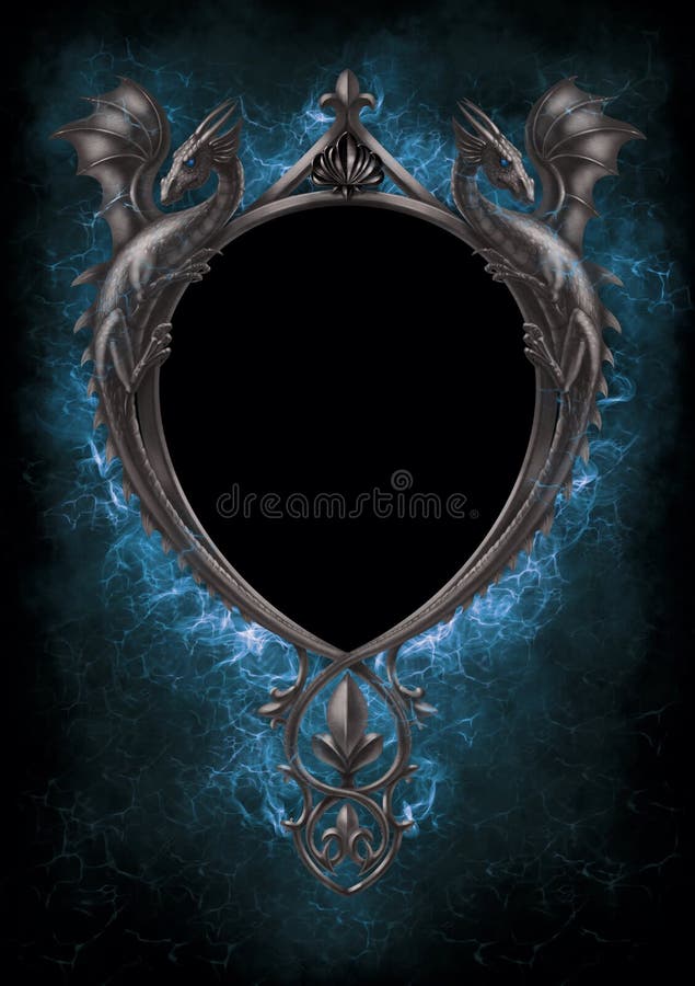 Gothic Silver Frame on Blue Fire with Dragons. Stock Illustration ...