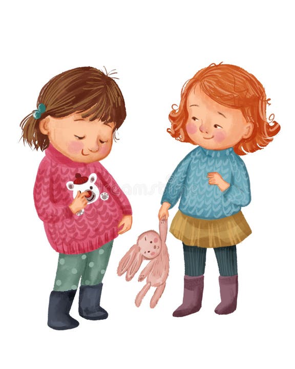 Two Cute Kids with Toy Having Conversation Stock Illustration ...