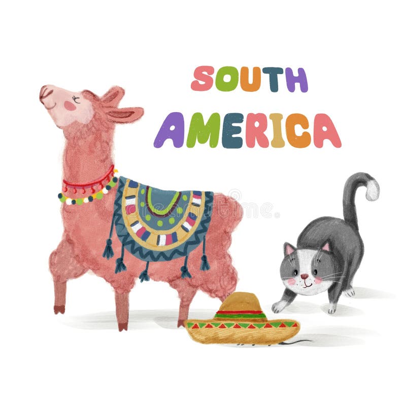 South American Llama with Cat and Sombrero Stock Illustration ...