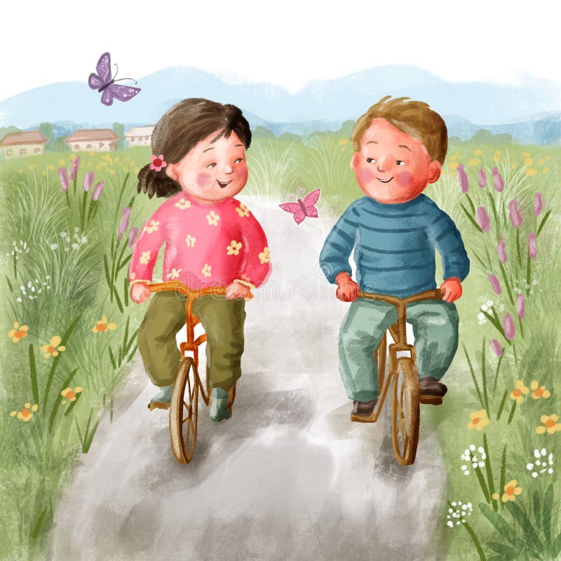 Children Riding Bikes in Meadow Stock Illustration - Illustration of ...