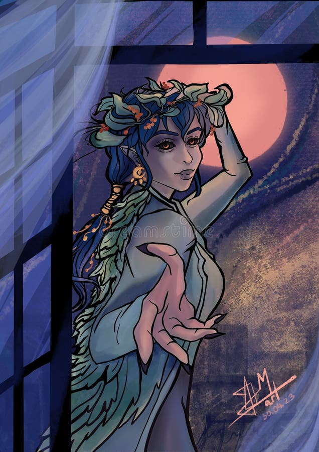 Illustration of a Fairy Demon Girl in a Nature Flower Wreath Stock ...