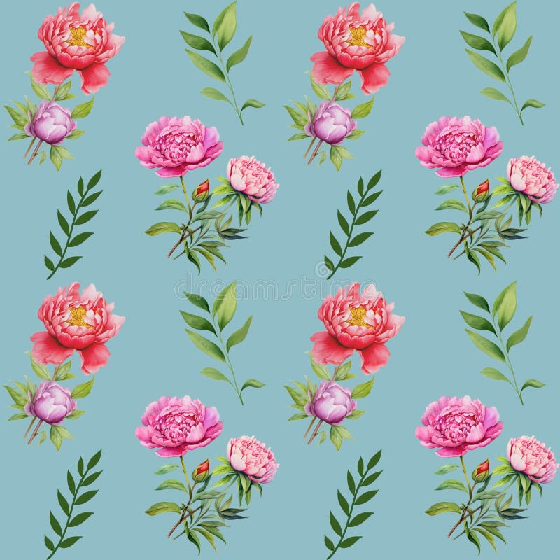 Watercolor Peonies Bouquet Seamless Pattern, Hand Drawn Flowers with ...
