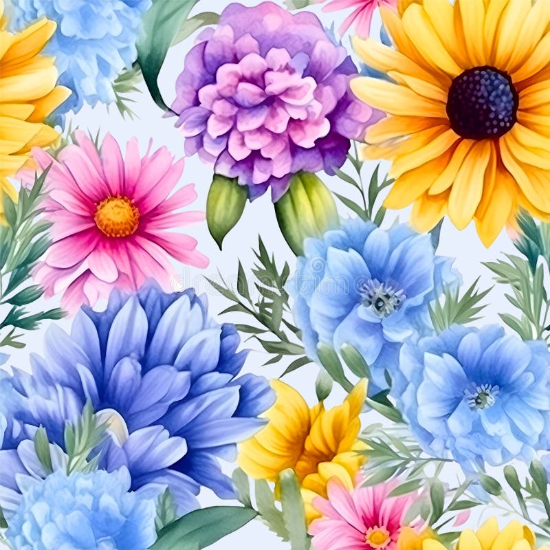 Beautiful Blooming Spring Flowers Detailed Hand Painted. Stock ...