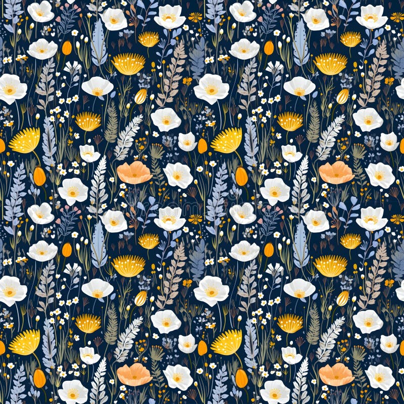 Seamless Pattern of Wild Flowers and Leaves. Stock Illustration ...