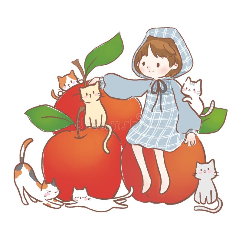 This Cute Little Girl with Red Apple and Cats. Stock Illustration ...