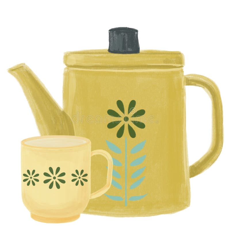 Yellow Teapot with Mug Hand Draw , Teapot Illustration, Stock ...