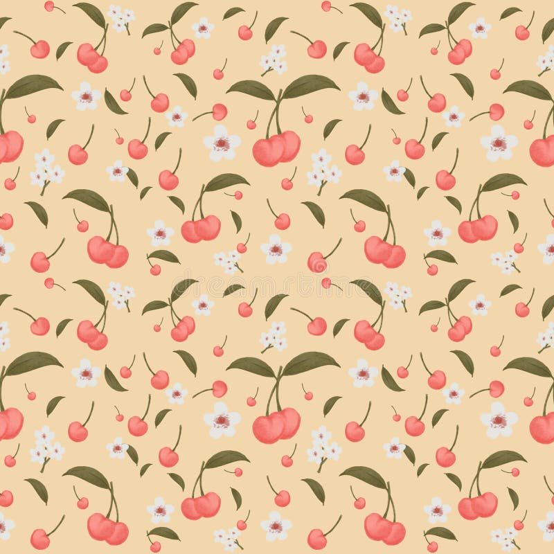 Cute Cherry Pastel with Berries Flower and Leaf on Beige Background ...