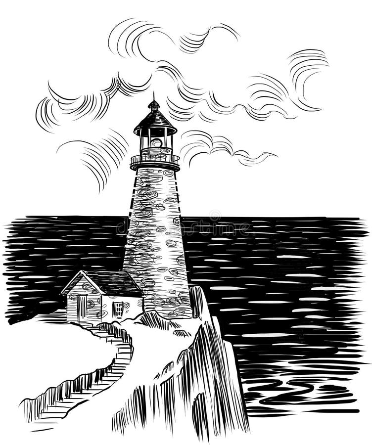 Old Lighthouse in the Seaside Stock Illustration - Illustration of ...