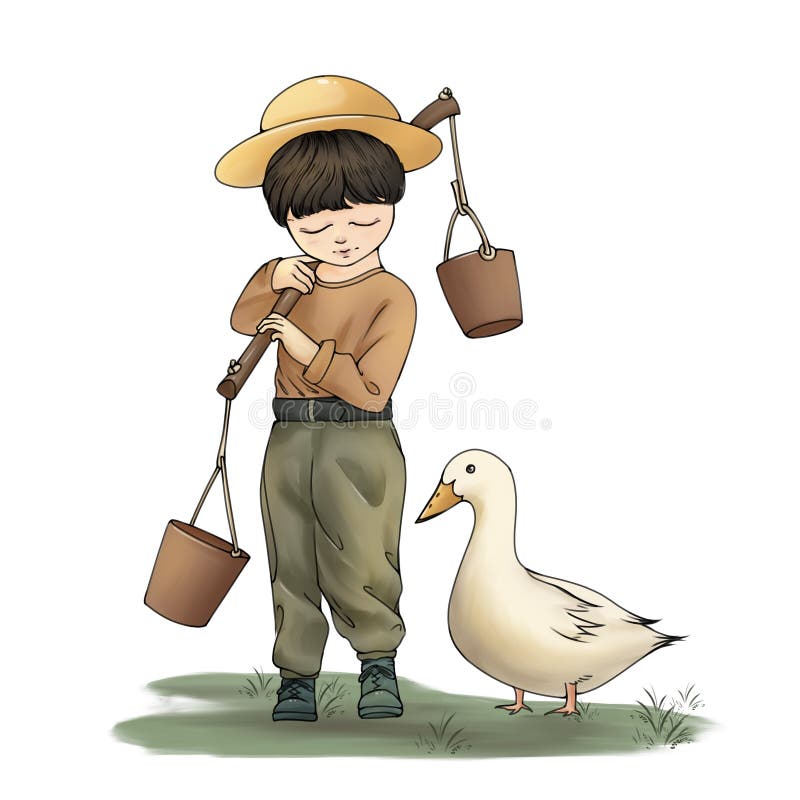 Illustration of Little Farmer Boy with Bucket and Goose Stock ...