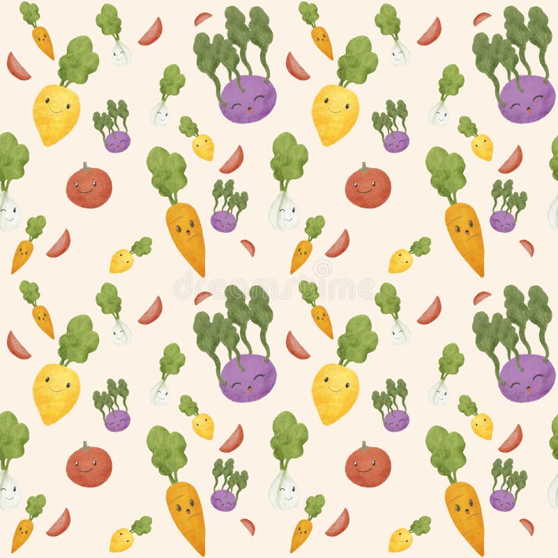 Beautiful Vegetable Cartoon Character Hand Drawn on Beige Background ...