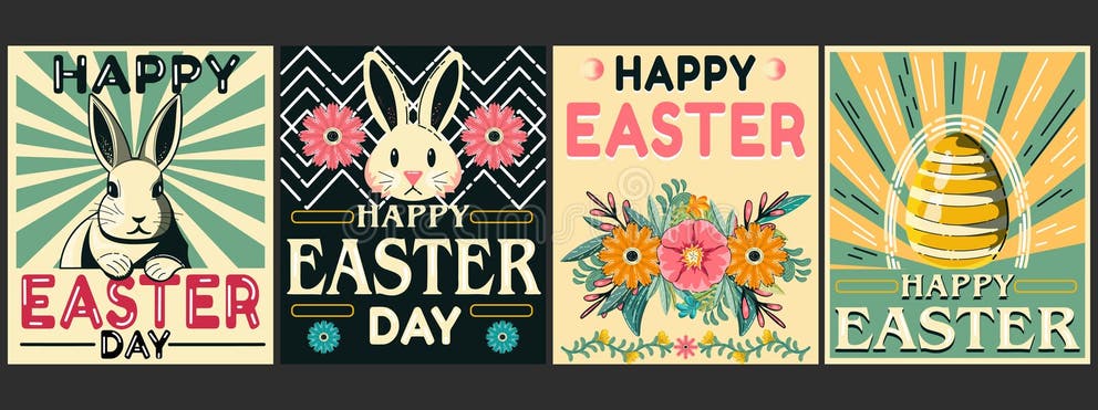 Cartoon Posters of Easter in 90s Style. Rabbits, Eggs, Flowers ...