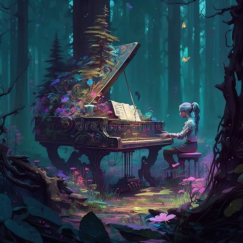 Girl Playing Grand Piano in the Forest - Generative AI Art Stock ...